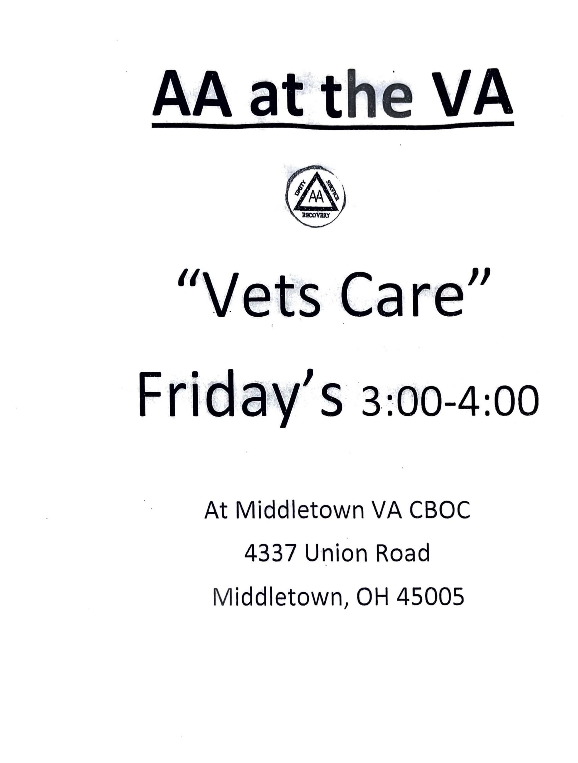AA at the VA - "Vets Care" Friday's - Tri-County Center